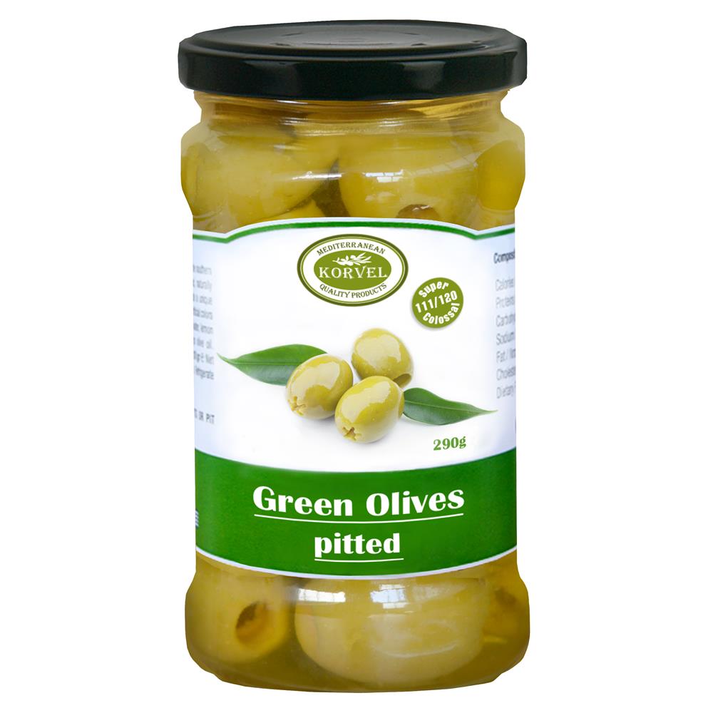 Korvel Greek Green Olives Pitted Halkidiki Super Colossal 290g (Sold i