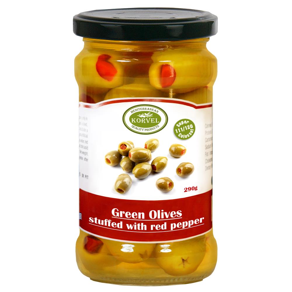 Korvel Greek Red Pepper Stuffed Olives Super Colossal 290g (Sold in mu